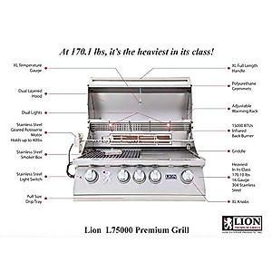 AMS Fireplace Lion 32" Natural Gas Grill Package with Double Access Door Refrigerator, Rotisserie Kit, Smoker Box, Grill Cover, Griddle & Griddle Remover.