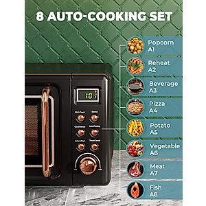 Countertop Retro Microwave Oven, SIMOE 0.7 Cu Ft Small Microwave with Defrost, 5 Micro Power, 8 Auto-cooking Set & Child Lock, Compact Microwave w/10 Inch Turntable, 60-min Timer, LED Display, 700W