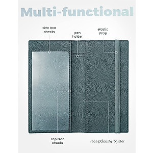 Yarnic Checkbook Cover for Personal Checkbook, Checkbook Holder with Pen Holder & Built-in Clear Plastic Divider for Duplicate Checks (Vert Gris)