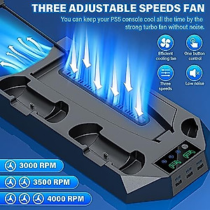 DBEPANK Stand and Cooling Station with Dual Controller Charging Station for PS5 Vertical Stand with Headset Holder for PS5 Accessories for Playstation 5 Console Cooling Fan Stand Black