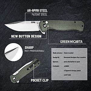 CJRB CUTLERY Folding Pocket Knife Chord(J1927) Flipper Button Lock EDC Gentleman Knife with AR-RPM9 Steel Blade and Green Micarta Handle Foldable Outdoor Carry for Men Women Gift
