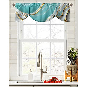 Tie Up Curtain Valance Window Topper 1 Panel 54x18in,Wild Agate Marble Stone Texture Adjustable Rod Pocket Short Window Shade Valances for Kitchen Bedroom Windows,Natural Abstract Aqua White Gold