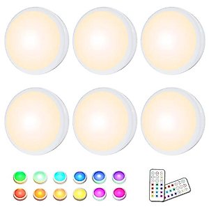 Puck Lights, 16 Colors Changeable LED Puck lightings Battery Powered dimmable Under Cabinet Lights Wireless Under Counter Lights Mini Night Light, with 2 Remote Controls & Timing Function