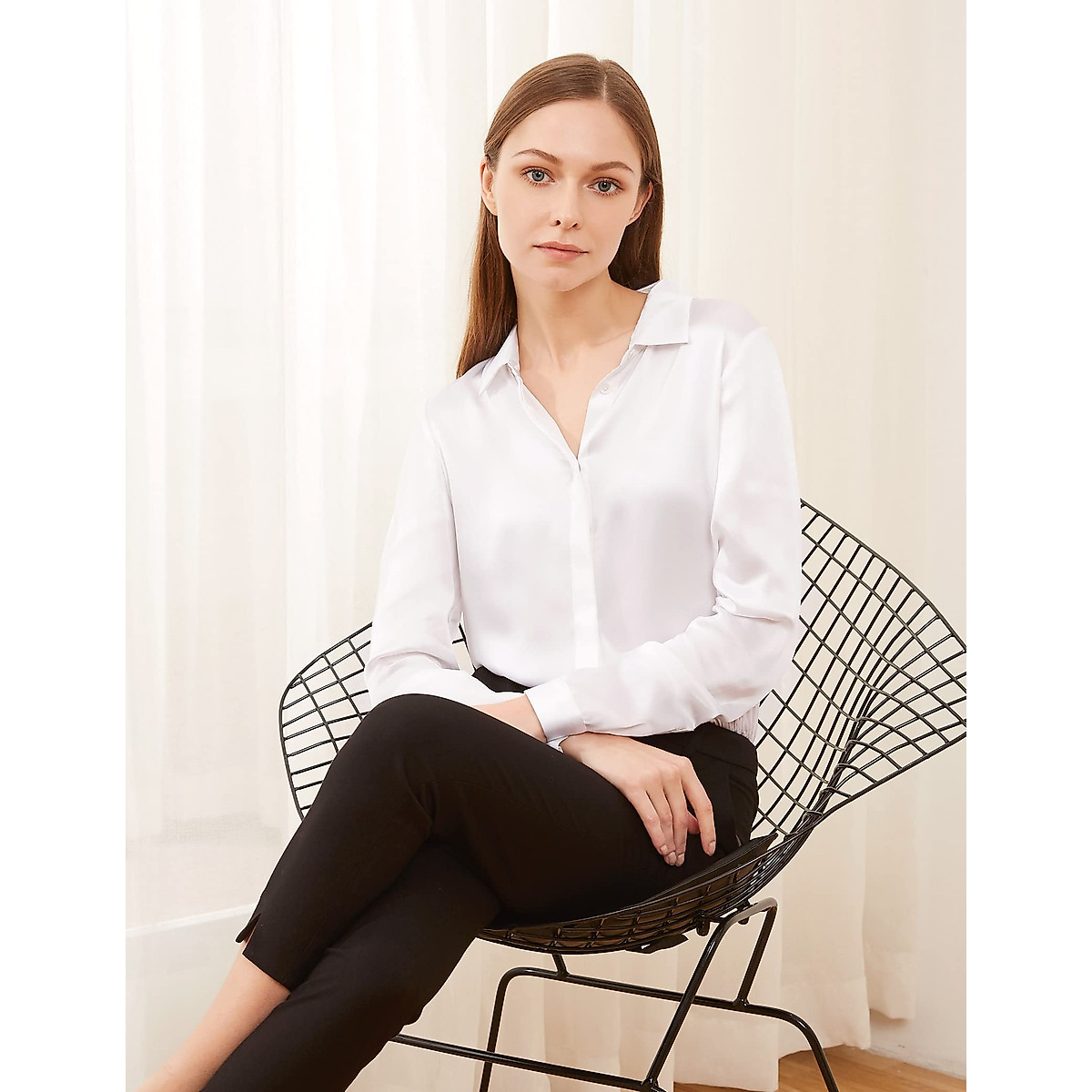 LilySilk Women's Silk Blouse 100% 22MM Silk Button-Down Shirt Long Sleeves Classic Timeless Top for All Seasons Casual Business, Natural White L