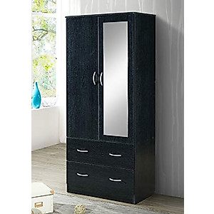 Hodedah Two Door Wardrobe with Two Drawers and Hanging Rod plus Mirror, Black