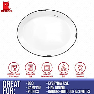 Red Co. Oven Safe Enamelware Metal Classic 16.5” Serving Oval Tray Platter, Distressed White/Black Rim