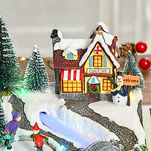 HOMCOM Christmas Village, Rotating Skating Pond Animated Winter Wonderland Set with Multicolored LED Light, Music, Fiber Optic, Battery-Operated Christmas Decoration