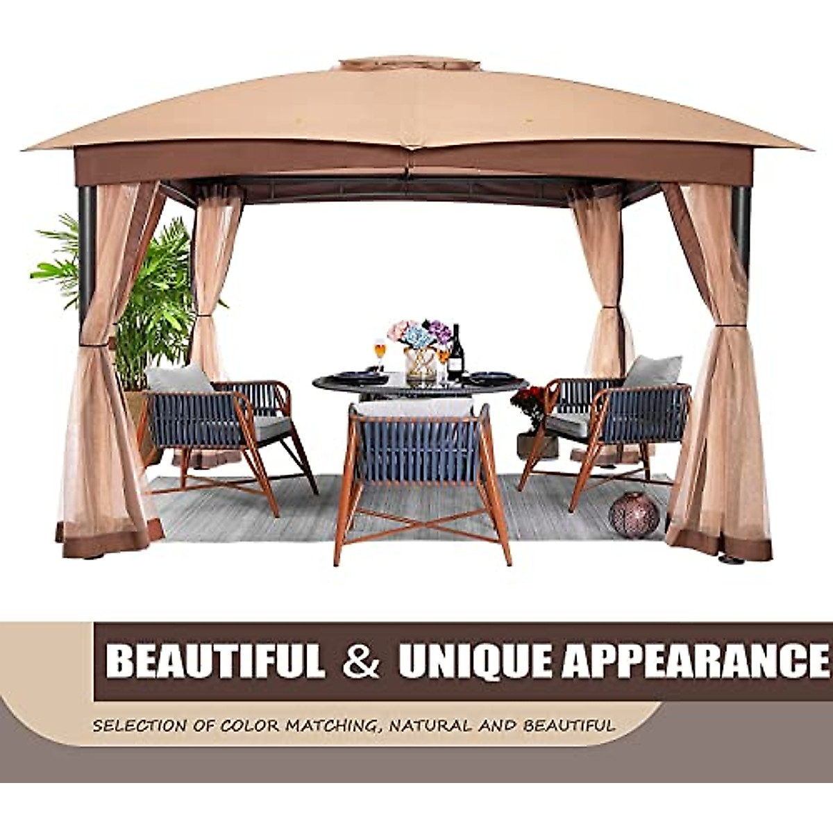 Gazebo for Patio, FAB BASED 10x12 Gazebo, Double Vent Canopy Gazebo, Outdoor Gazebo with Privacy Netting, Easy Setup Patio Pavilion with Steel Frame Strong Legs for Lawn, Backyard, Deck (Khaki)
