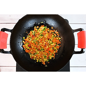 Crucible Cookware 14-Inch Cast Iron Wok Set (Pre-Seasoned), Glass Lid & Silicone Hot Handle Holders