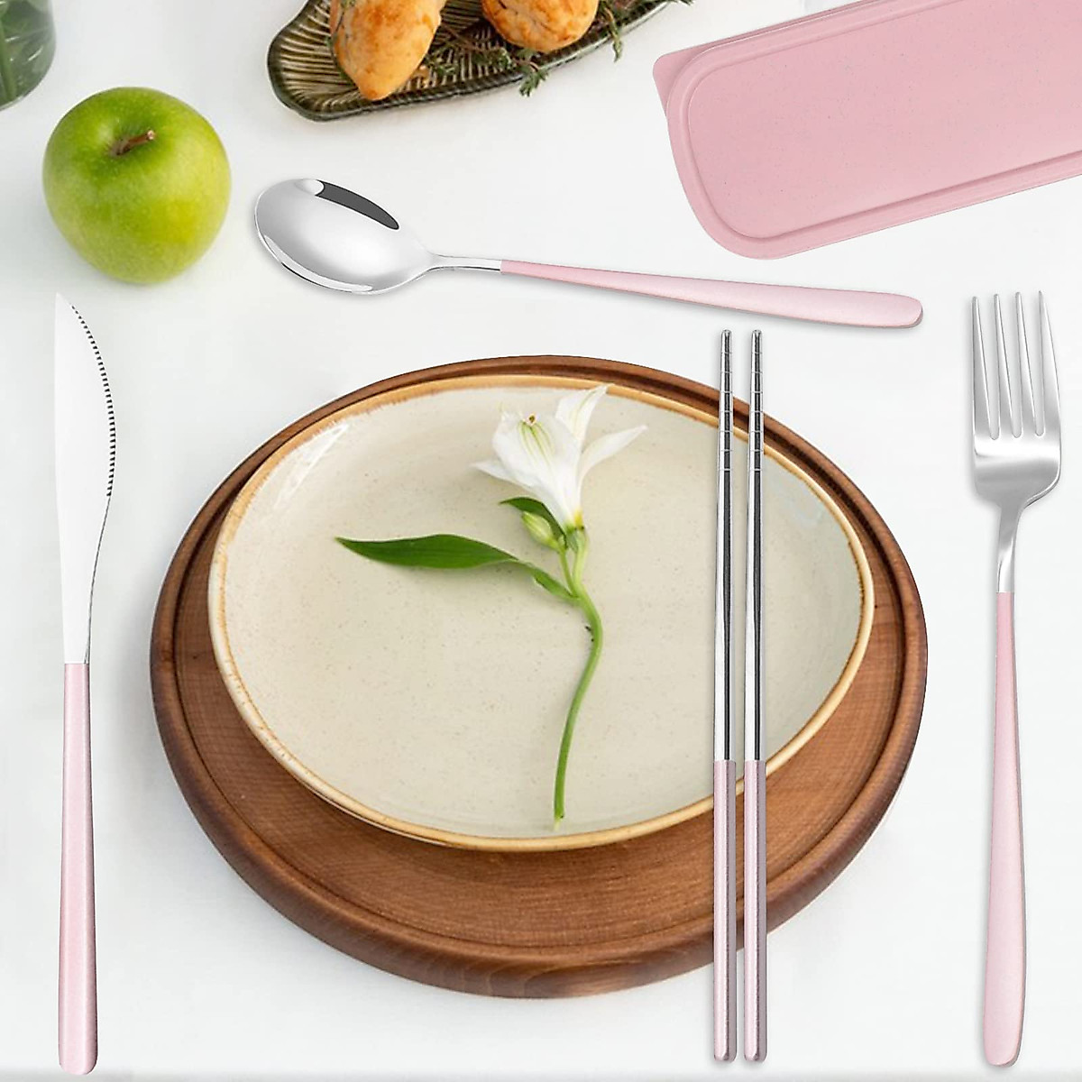 Portable Travel Utensils Set with Case, Pink Reusable Silverware Set, TWUTGAYW 18/8 Stainless Steel Knife Forks Spoons Chopsticks Reusable Travel Camping Cutlery for Lunch Box Office Picnic Daily Use