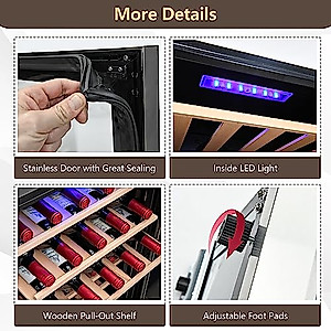 COSTWAY 20 Inch Wine Cooler, 33 Bottles Wine Refrigerator with 2-Layer Tempered Glass Door & Dual Alarm Function, 41-61.5°F Temp Control, Built-In or Freestanding Mini Wine Fridge