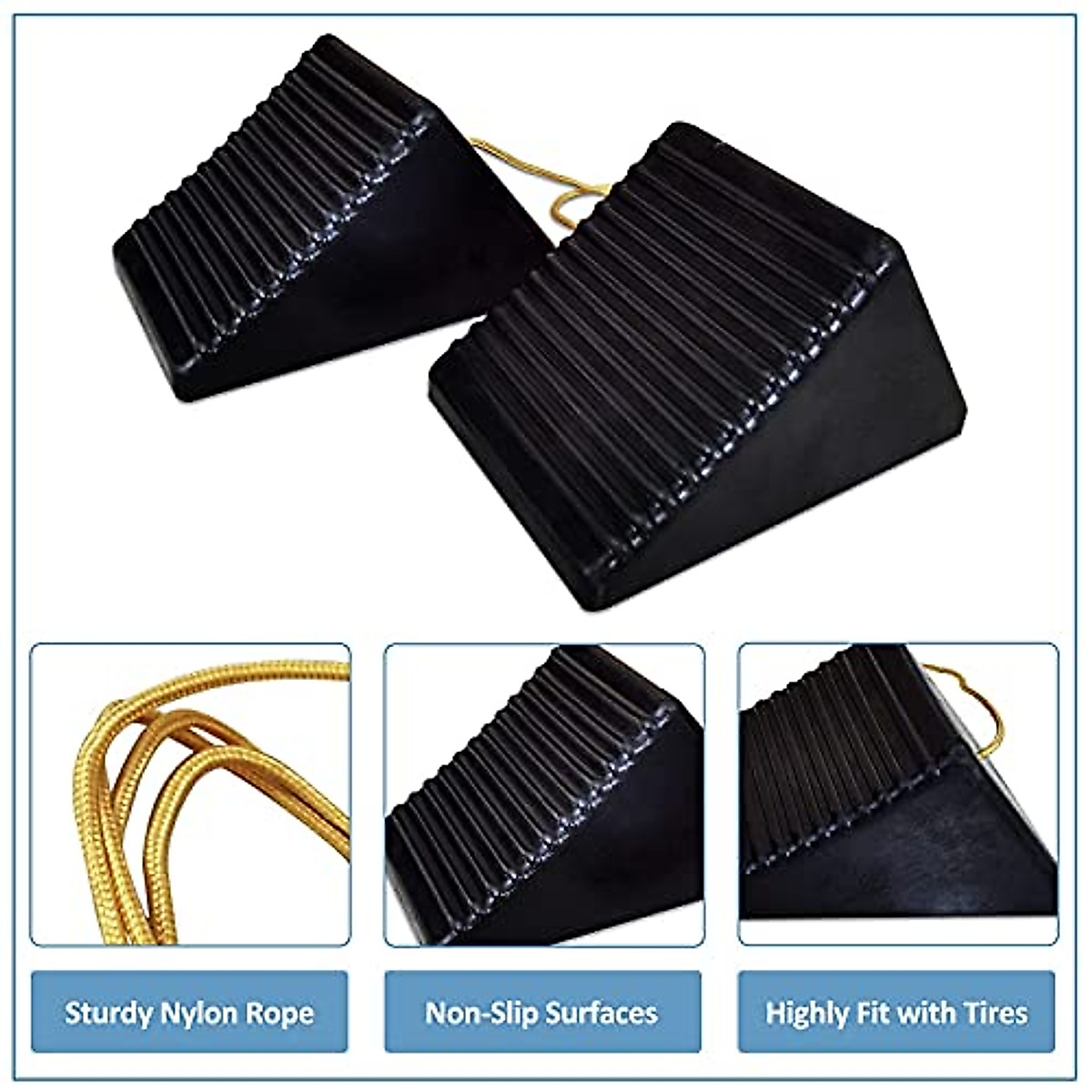 HOXWELL Rubber Wheel Chock with Rope Set of 4pcs, Heavy Duty RV Tire Chocks for Travel Trailers, Camper, Small Airplant, Cars, Motorcycle and Truck 4 Packs, 8" Length x 5" Width x 4" Height