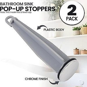 (2-Pack) Bathroom Sink Pop-Up Stoppers - Plastic Pop-Up Stoppers with Chrome Finish - Standard Design 1-1/4” Cap Outer Diameter, 4-7/8 Overall Height - with 1 Mounting Hole and Gasket Seal