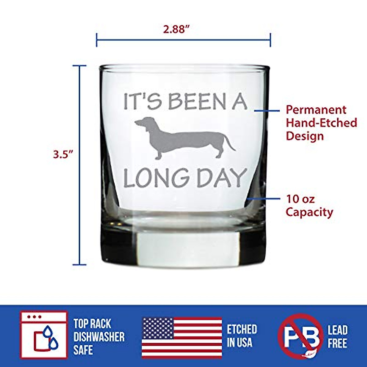 Long Day - Funny Dachshund Whiskey Rocks Glass Gifts for Men & Women - Fun Whisky Drinking Tumbler Décor