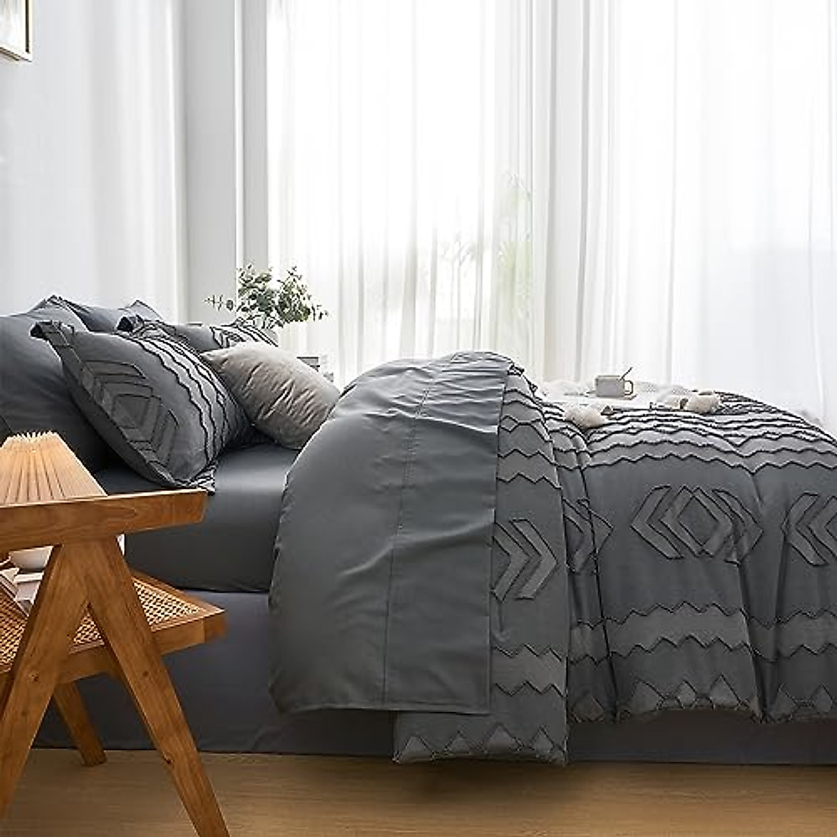 OARAGE Dark Grey Twin Comforter Set 7 Pieces, Tufted Bed in a Bag Twin, Boho Bed Sets, Geometric Embroidery Twin Size Bedding Set, All Season Microfiber Bedding Comforter Set with Sheets