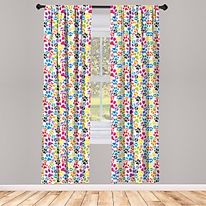 Ambesonne Dog Window Curtains, Colorful Little Paws Steps Art Cartoon Unusual Traces Design, Lightweight Decor 2-Panel Set with Rod Pocket, Pair of - 28" x 84", Purple Blue