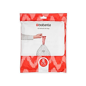 Brabantia PerfectFit Trash Bags (Size B/1.3 Gal) Thick Plastic Trash Can Liners with Drawstring Handles (40 Bags)