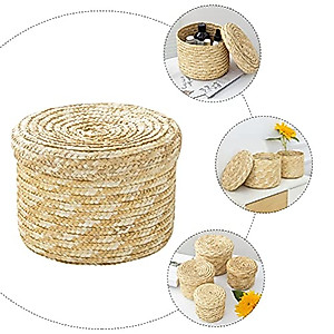 Storage Basket Straw Woven Storage Baskets with Lid Round Sundries Basket Gift Basket Desktop Storage Organizer for Vanity Cabinet Office 14x13cm Woven Storage Basket