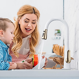 HGHGK Kitchen Faucet with Soap Dispenser and Pull Down Sprayer - Stainless Steel Single Handle Kitchen Sink Faucet, 1 or 3 Hole Design for Modern Farmhouse Kitchens, Rv, and Bar Sinks (Whit and Gold)