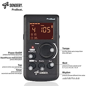 Sondery Digital Metronome for Guitar Piano Drum and All Instruments with Timer, English Vocal Counting and 3 Different Sounds with Earphone Jack and Flashing Light, Loud Volume, Rechargeable