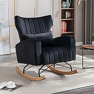 DM Furniture Velvet Rocking Chair Upholstered Nursery Glider Rocker for Baby Comfy Nursing Armchair Side Accent Chair for Living Room Bedroom, Black