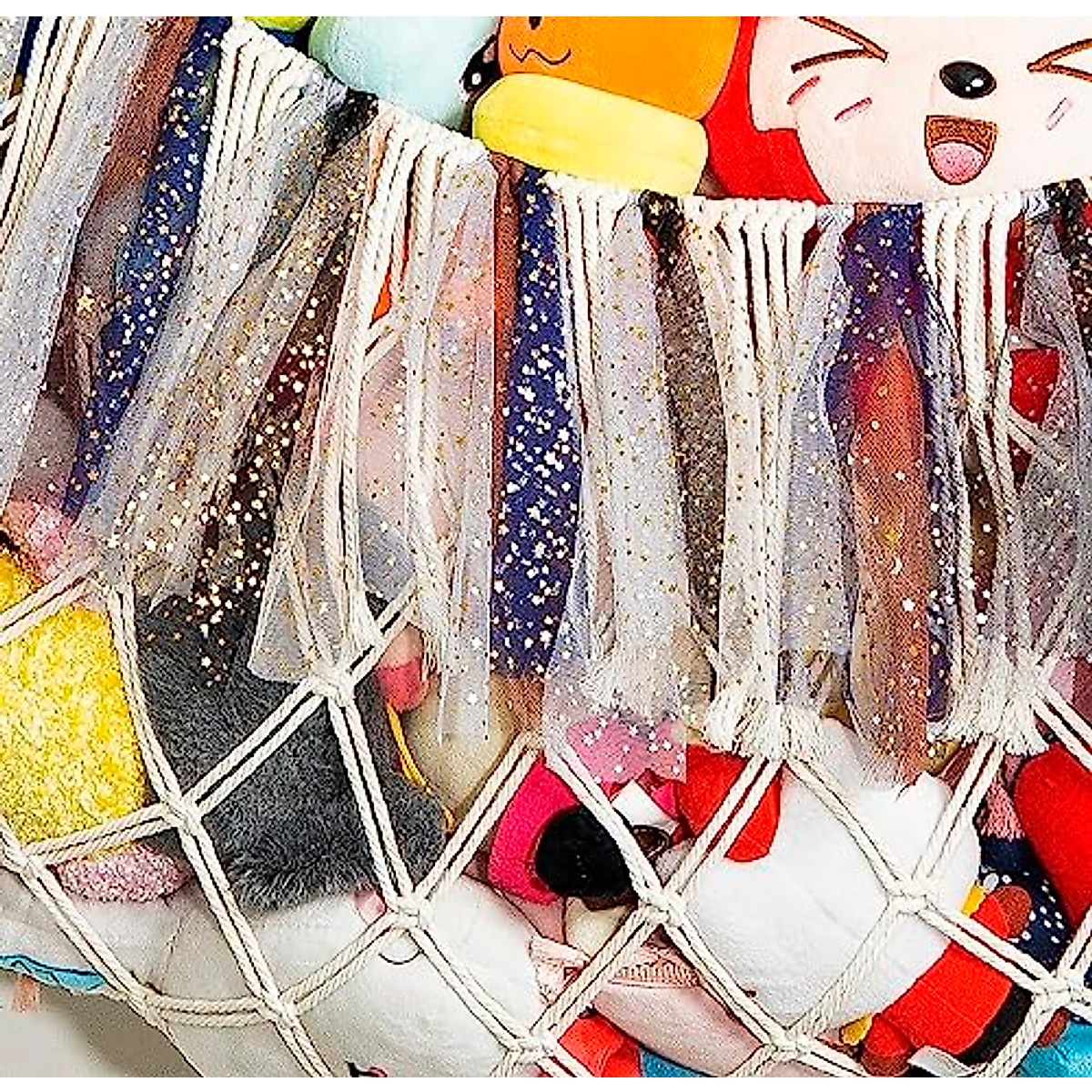 Large Stuffed Animal Net or Hammock with Light Wall Hanging Organizer for Kid Room Toy Storage Net Bedroom Playroom Plush Toy Holder-Cream