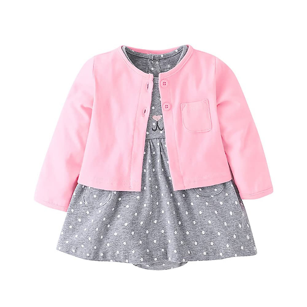 Toddler Baby Girl Romper Dress with Cute Cardigan Floral Red Heart Bunny Sweater Dresses Kids Valentine's Day Easter Dress Birthday Wedding Guest Baptism Christening Dress Gray Bunny 9-12 Months