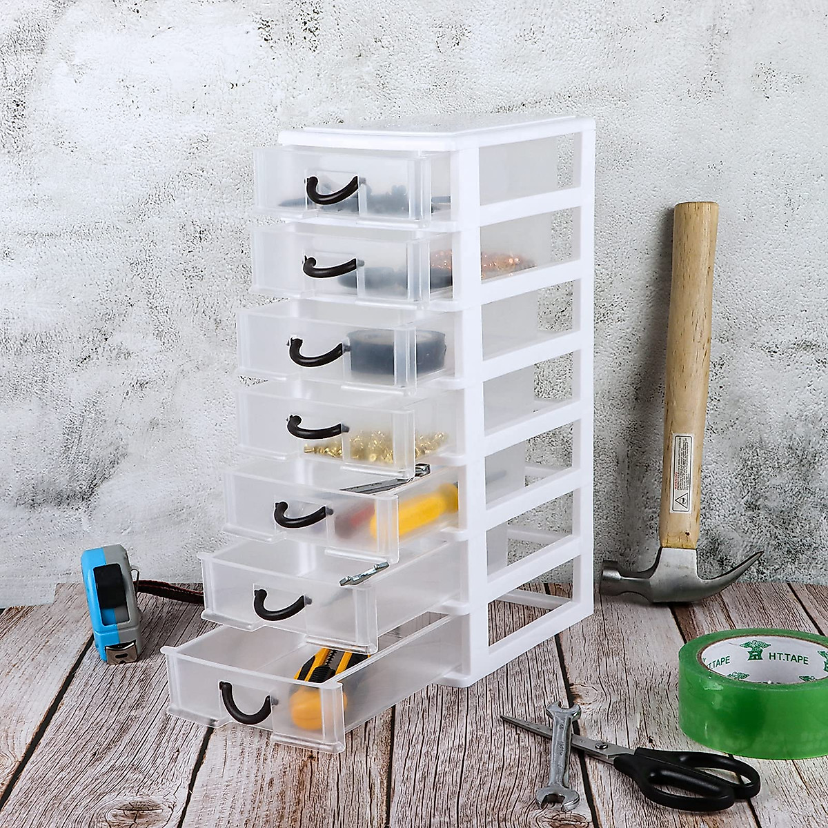 Rempry 7.1"x5.1"x13.2" Mini Organizer Box Storage Container Case with 7 Clear Desktop Drawer Units,White