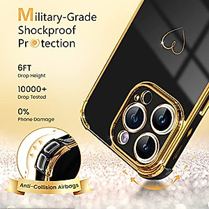 ICREEFUN for iPhone 14 Pro Case, Cute Love Heart Plating Luxury Phone Case for Women Girls, Full Camera Protection & Raised Corners Bumper Slim Shockproof Protective Phone Cover 6.1 Inch, Black