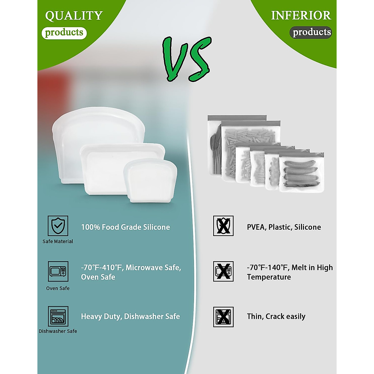 DGitaor Reusable Silicone Storage Bag, 6Pack Silicone Pocket, Snack, and Sandwich Bag, Endurables Silicone Ziplock Bags for Food Storage, Freezer, Microwave, Oven, Dishwasher Safe