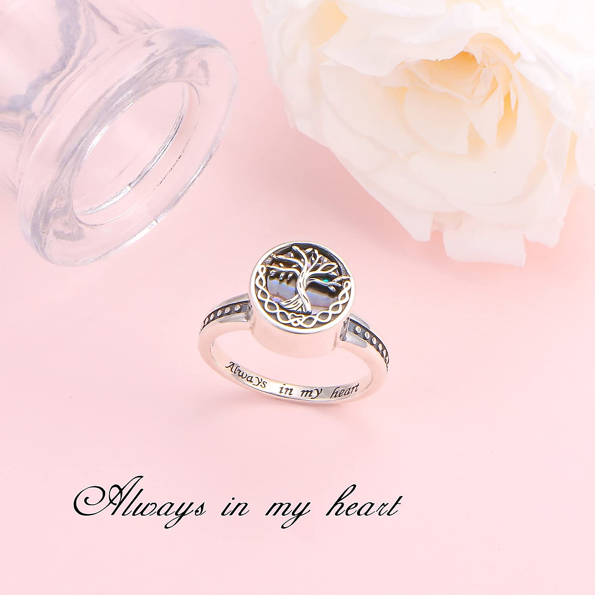 Tree of Life Urn Ring for Ashes 925 Sterling Silver Celtic Knot Memorial Keepsake Jewelry Always in My Heart Abalone Shell Cremation Ring for Women Men Size 7