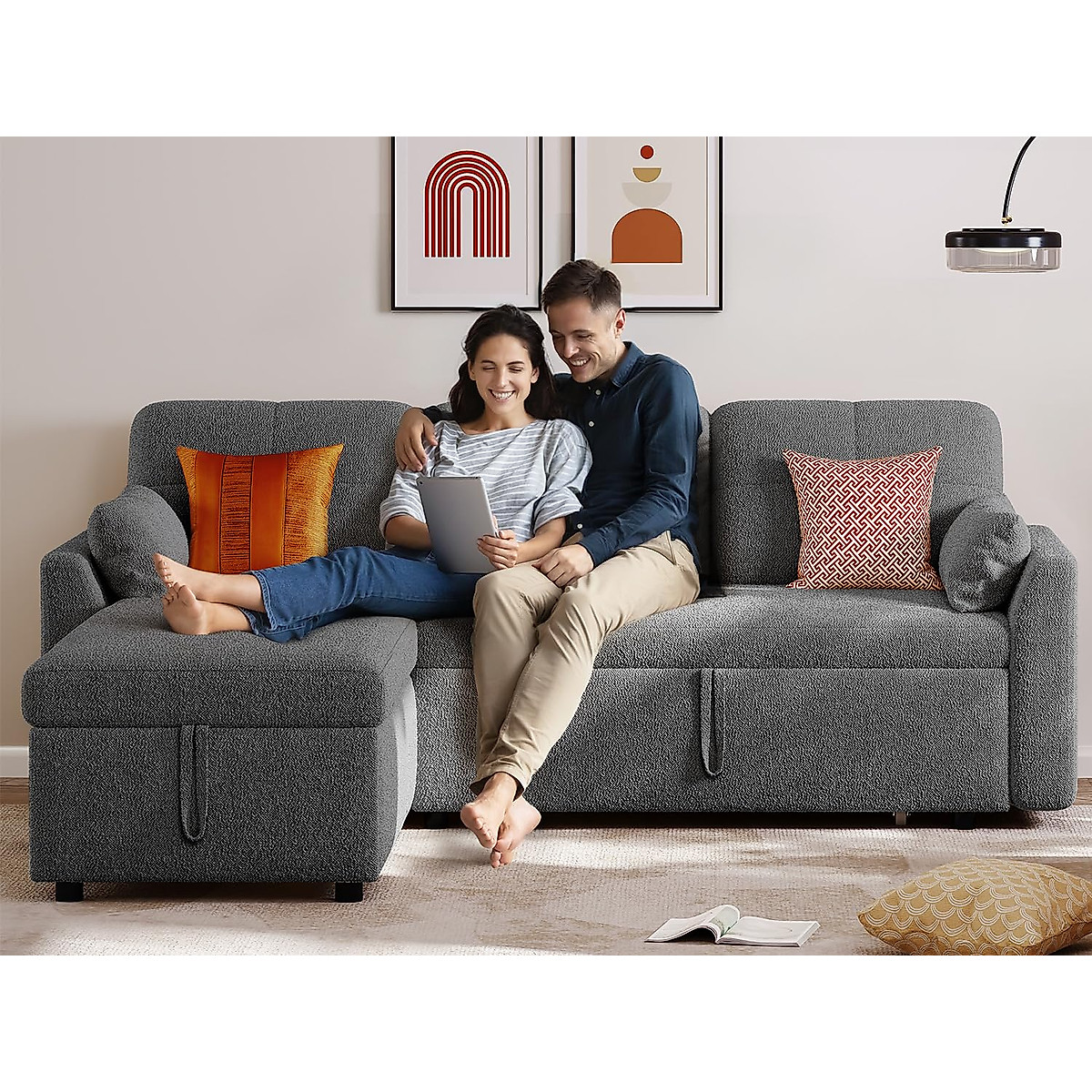 YITAHOME 86" Sleeper Sofa, 2 in 1 Convetible Sofa Bed with Pull Out Couch Bed and Storage Chaise,L-Shape Sectional Sofa for Living Room, Teddy Fleece, Grey