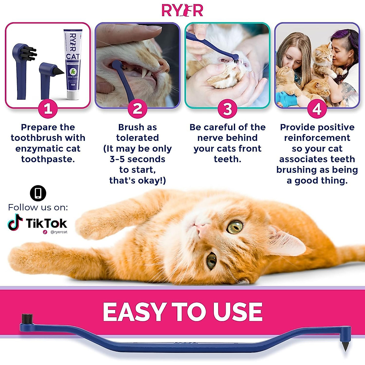 RYERCAT Set of Dual Sided Cat Toothbrushes - Kitten Toothbrush with Micro Head to fit into Kittens Mouth - Cat Dental Care Supplies Pet Toothbrush for Cats (Flamingo Pink and Space Blue)