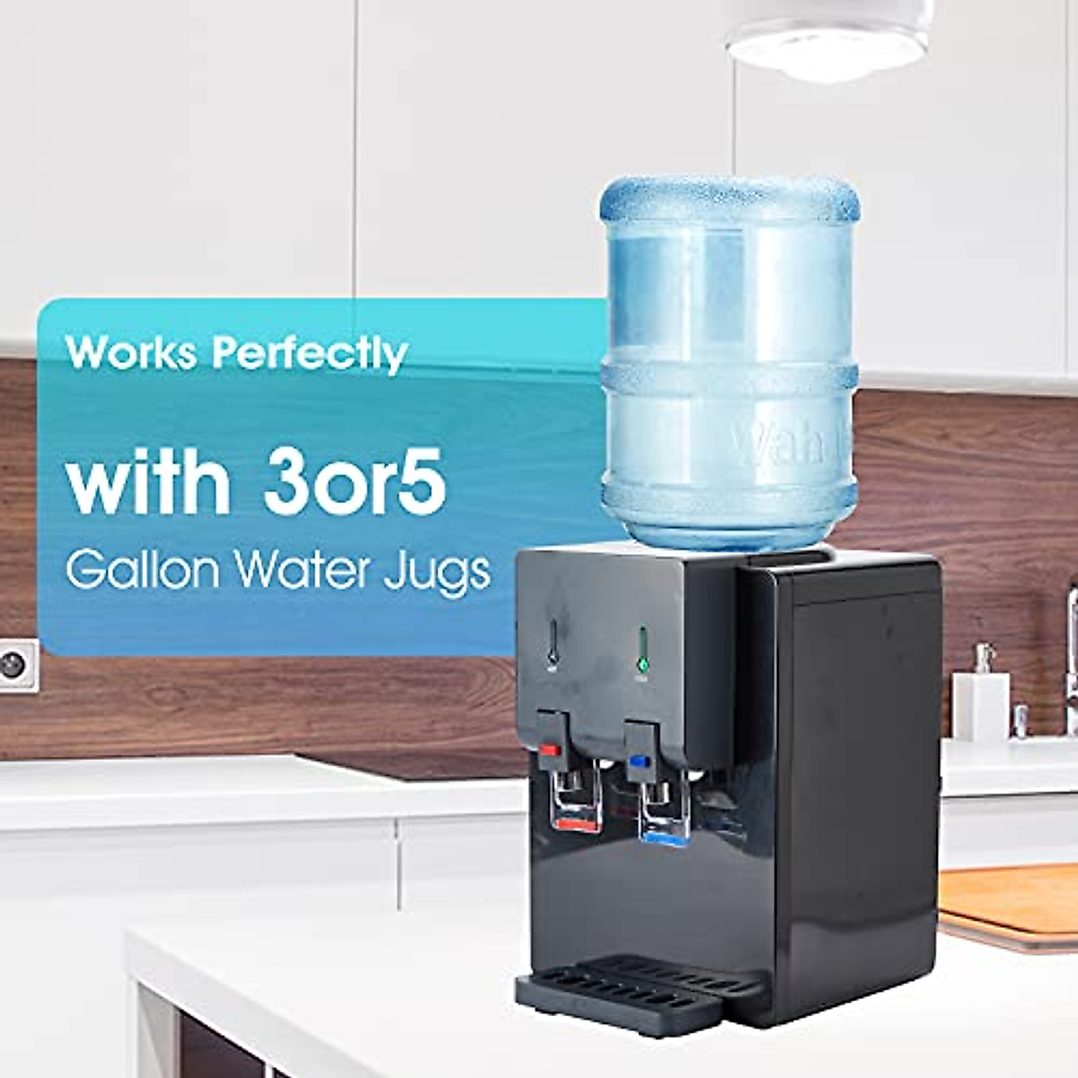 ACCVI Premium Countertop Water Cooler Dispenser, Holds 3 or 5 Gallon Jug, Top Loading, Hot and Cold Water, Child Safety Lock, Compact Design Ideal For Homes, Kitchens, Offices, Dorms, Black