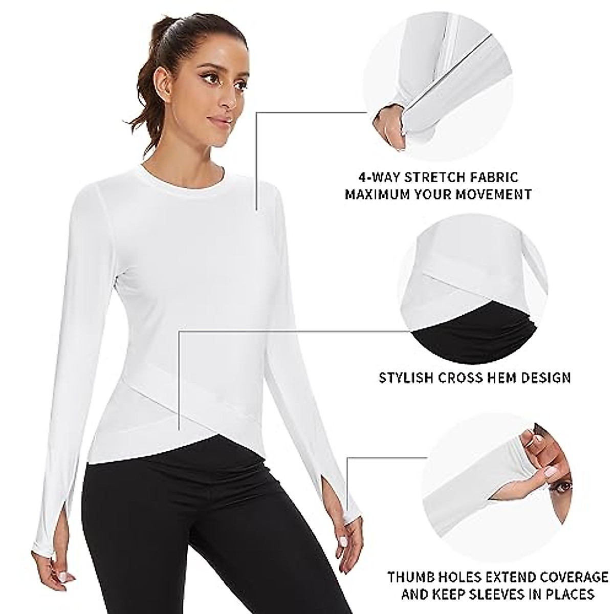 Soneven Women's Long Sleeve Compression Shirts Running Workout Tops Cross Hem Athletic Yoga T-Shirts with Thumbholes