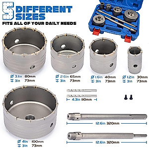 XDOVET 9PCS Concrete Hole Saw Kits with 2 Drill Bits and SDS Plus & Max Shank Hole Saw Tool Set for Concrete Cement Brick Stone Wall Drilling Kit Size 30 40 65 80 100 MM