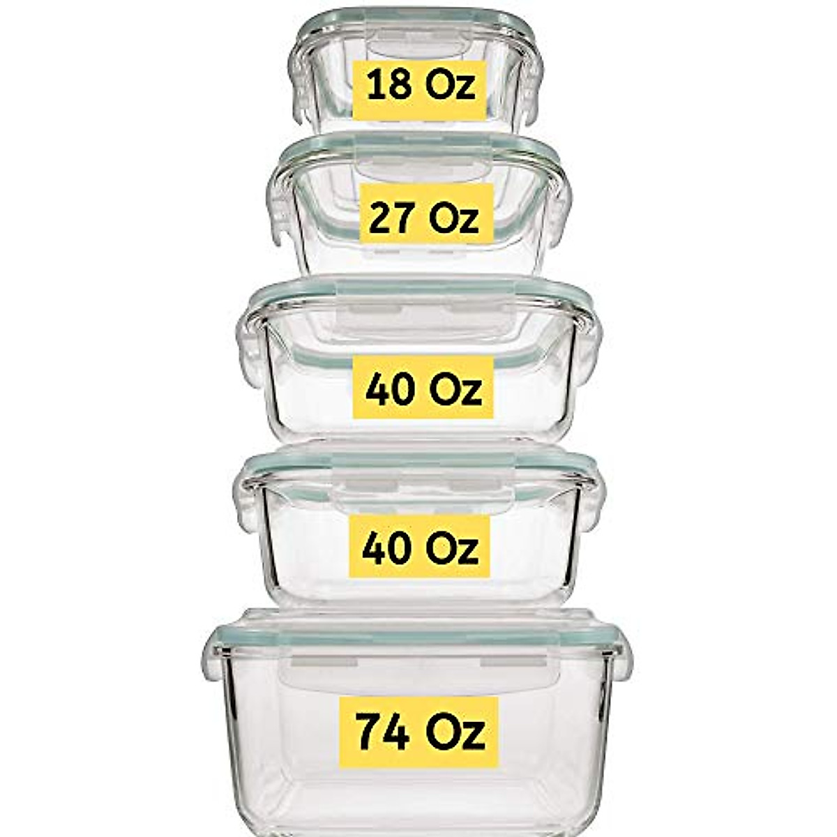 Glass Food Storage Containers 10 Pc, Airtight Glass Storage Containers with Lids, Glass Lunch Bento Boxes, Leak Proof BPA Free Large Glass Containers (5 lids, 5 Containers) Glass Containers with Lids