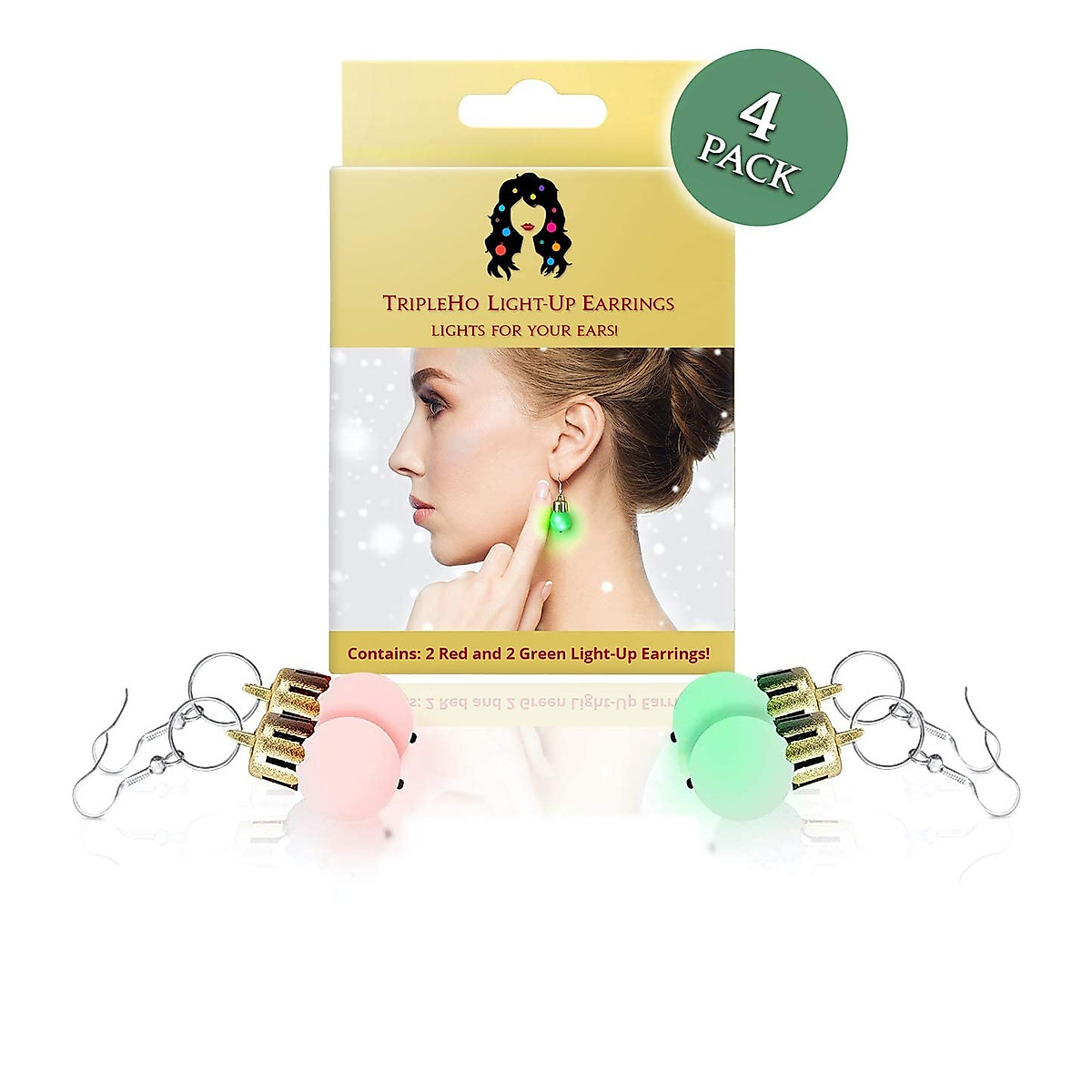 Light Up Ornament Earrings - The Original from Beardaments, 4pc Red and Green Colorful Christmas for Holiday Party, Cosplay, Women Costume