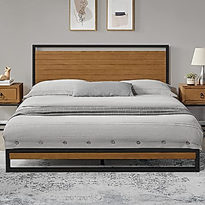 Yaheetech 37 Inch Solid Pine Wood Platform Bed Frame with Headboard Solid Wood & Steel Construction No Box Spring Needed Wood Slat Support Easy Assembly Chestnut Brown Queen