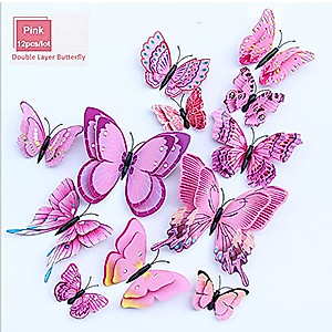 PVC Beautiful 3D Butterfly Wall Decals, 12pcs Removable DIY Home Decorations Double Layer Butterflies Wall Stickers Murals for Garden Bedroom Birthday Party Wedding TV Background Living Room(Pink)