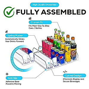 Fully Assembled Drink Beverage Fridge Organizer, Automatic Self-Pusher Glide, Adjustable Width, Soda Can Water Beer Bottle Beverage, 12oz to 20oz, Home Kitchen, Commercial Refrigerator (White)