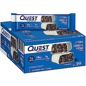 Quest Nutrition Crispy Cookies & Cream Hero Protein Bar, 18g Protein, 1g Sugar, 3g Net Carb, Gluten Free, Keto Friendly, 12 Count