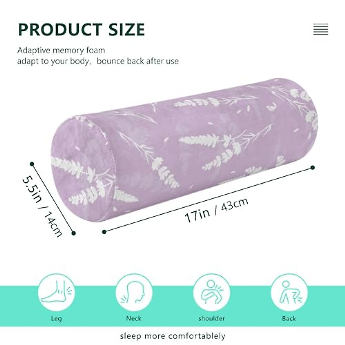 xigua Lavender Flower Purple Neck Roll Pillow for Neck Relief with Removable Washable Cover - Memory Foam Round Cylinder Bolster, Ergonomically Designed for Head, Neck, Back, and Legs