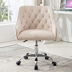 SSLine Modern Cute Desk Chair Elegant Velvet Home Office Computer Chair on Wheels Upholstered Swivel Task Chair w/Tufted Back Stylish Vanity Chairs for Girls Women (C Type-Beige)