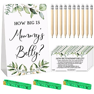 Sabary 64 Pcs Guess Baby Shower Games Include How Big is Mommy's Belly Sign Measure Baby Bump Game 50 Guessing Cards 10 Pencils 3 Measuring Tapes for Baby Shower Party(Greenery)