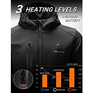 SOLJIKYE Heated Jackets for Men with Battery Pack, Winter Windproof Soft Shell Electric Heated Coat, Black