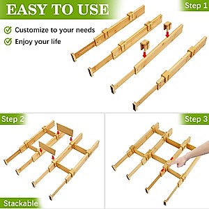 SALMOPH Adjustable Drawer Organizer Kitchen Utensils, Bamboo Drawer Dividers with Inserts and sliders, Spring-loaded Organizer for Large Utensil, Clothes, Bathroom, Dresser and Office 4Pack