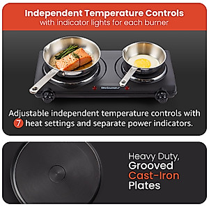 Elite Gourmet EDB-302BF# Countertop Double Cast Iron Burner, 1500 Watts Electric Hot Plate, Temperature Controls, Power Indicator Lights, Easy to Clean, Black