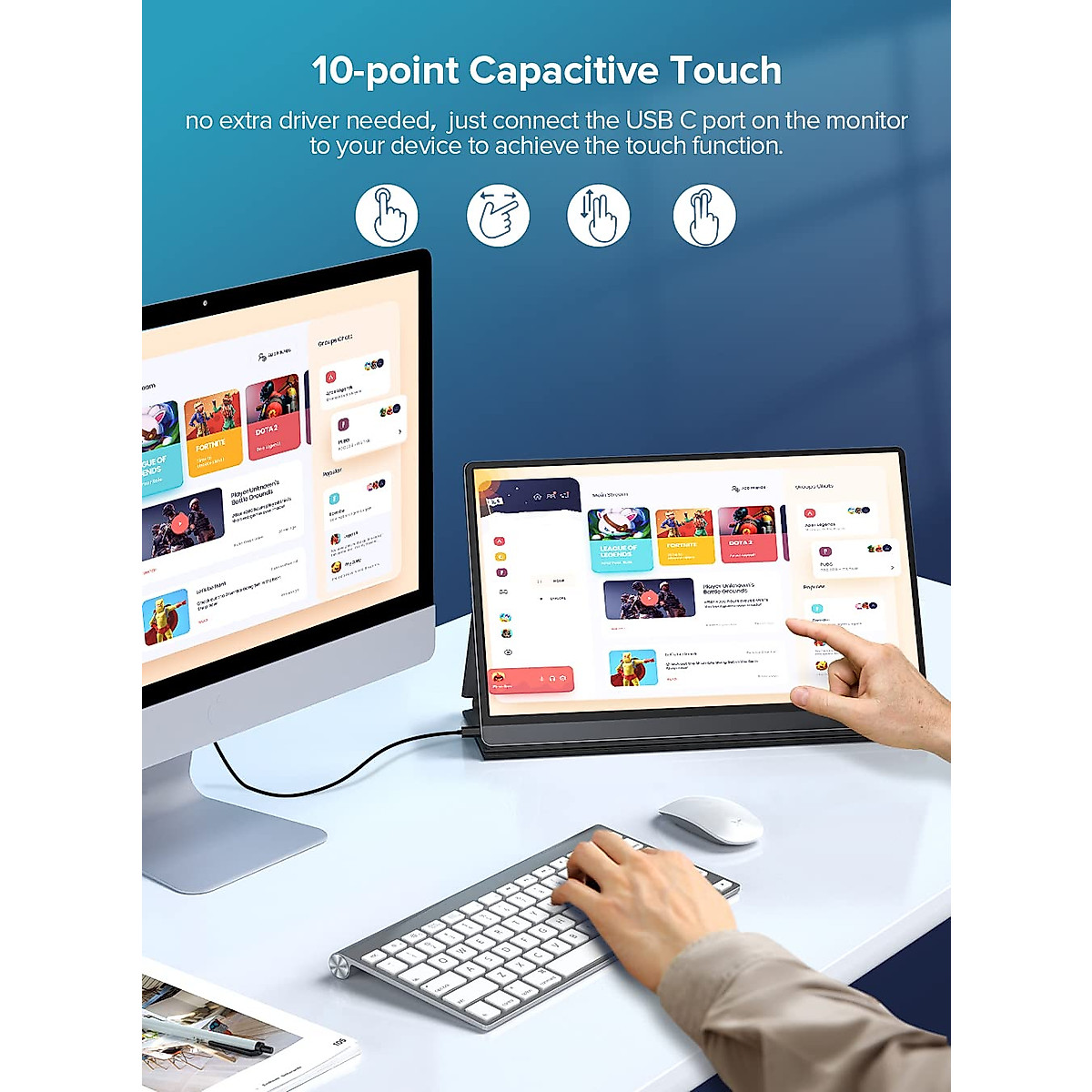 Newsoul Toucscreen Portable Monitor with Battery, 15.6'' IPS HDR FHD Matte Screen Eye Care, Aluminum Alloy,Narrow Bezel,10-Point Capacitive Touch,Built-in 10800mAh Battery,Quad Speaker,Smart Case