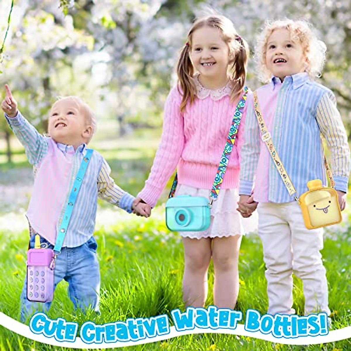 Queekay 6 Pcs Water Bottles with Straws for Kids Watermelon Water Bottle Adjustable Strap Leakproof Plastic Watermelon Ice Cream Camera Bread Biscuits Shaped Water Bottle for School Travel